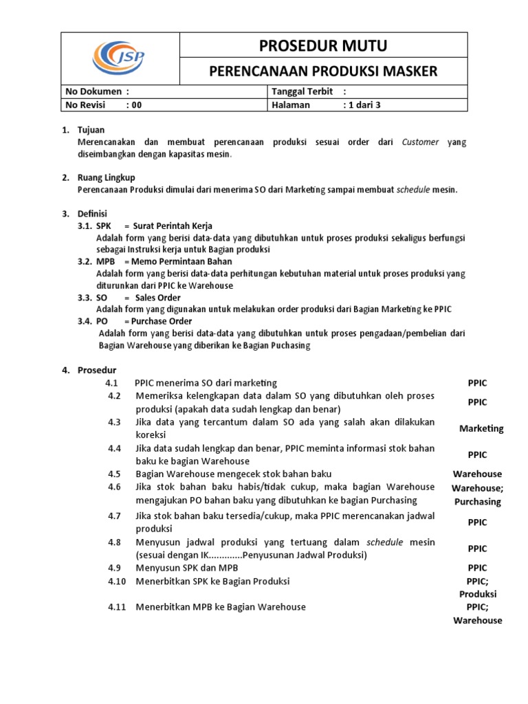 Template Prosedur Mutu Perencanaan Produksi | PDF
