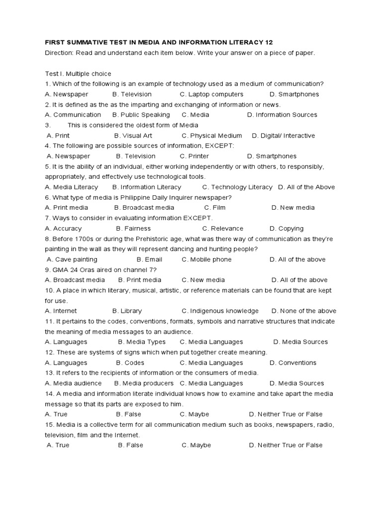 First Summative Test in Media and Information Literacy 12 | PDF | Media ...