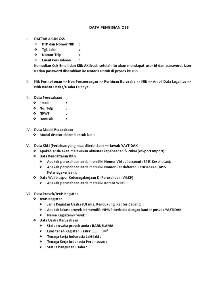 Data Pengisian OSS | PDF