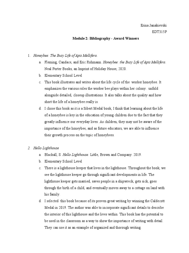 Module 2 Bibliography - Award Winners | PDF | Western Honey Bee | Sibling