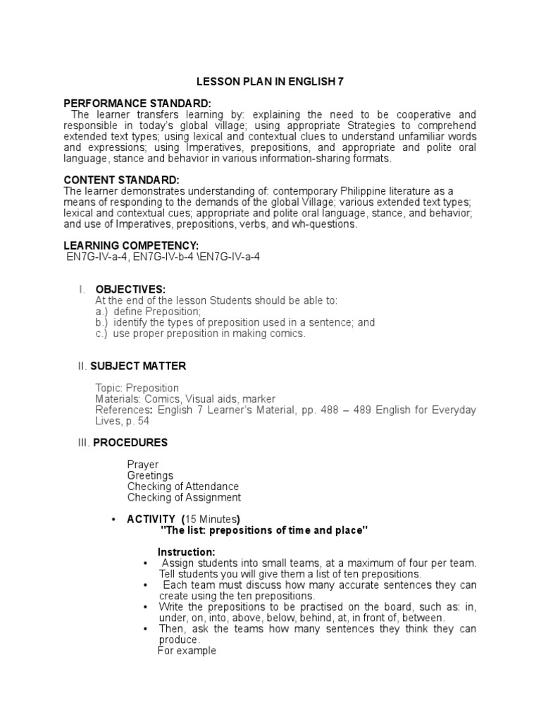 Lesson Plan (Preposition) | PDF | English Language | Lesson Plan