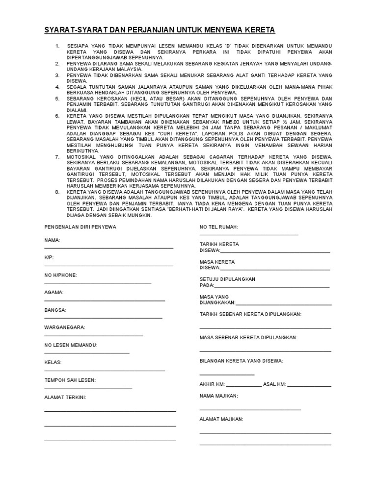 Perjanjian Sewa Kereta Pdf