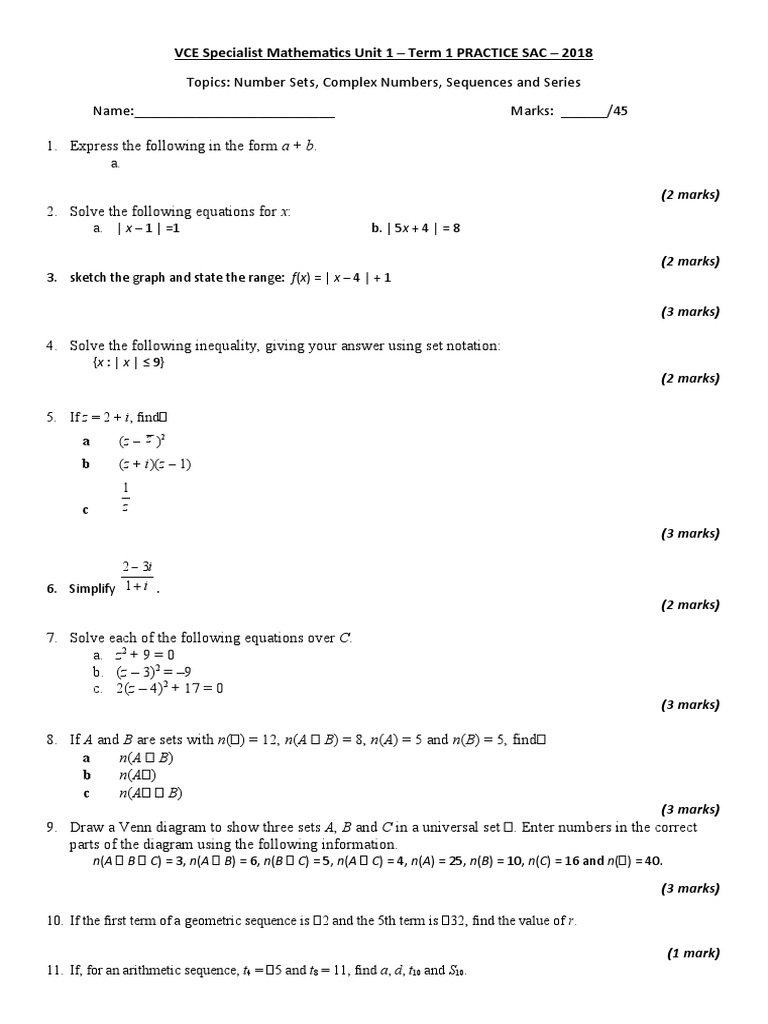 Specialist Maths Unit 1 Practice SAC 2018 | PDF | Mathematical Concepts ...