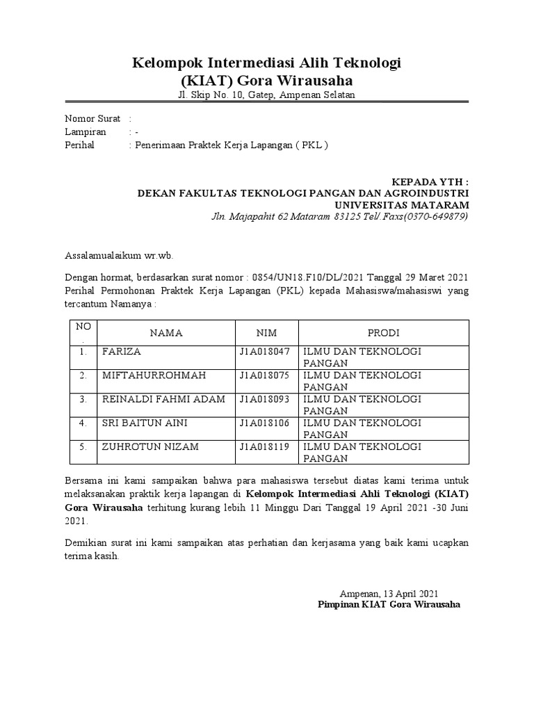 Surat Penerimaan PKL | PDF