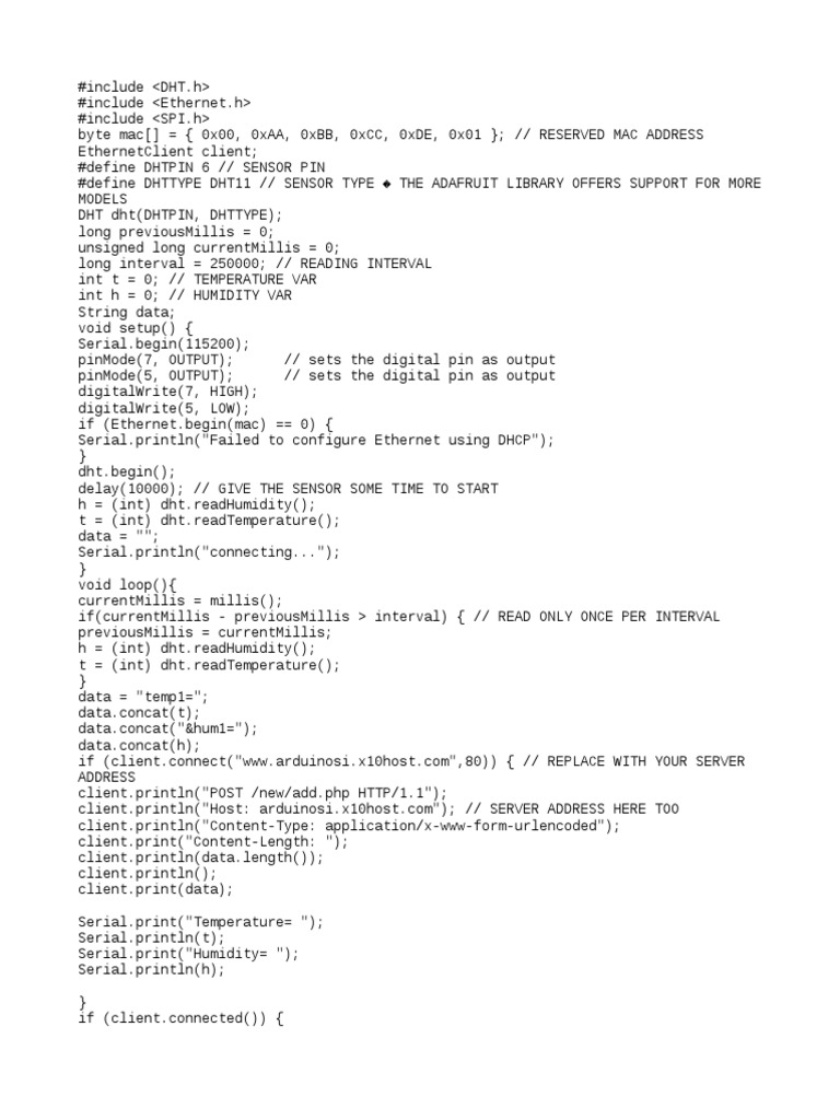 Arduino Code Using DHT Sensor Plus Ethernet | PDF