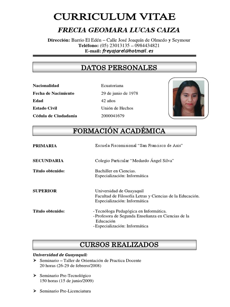 Curriculum Frecia Lucas Caiza Poliestudios - Deber | PDF | Maestros | La naturaleza humana