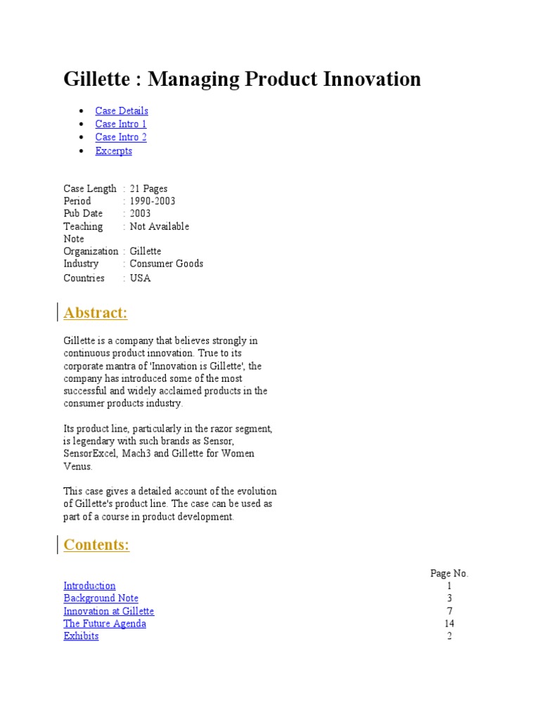 Gillette: Managing Product Innovation: Abstract | PDF | Shaving | Razor
