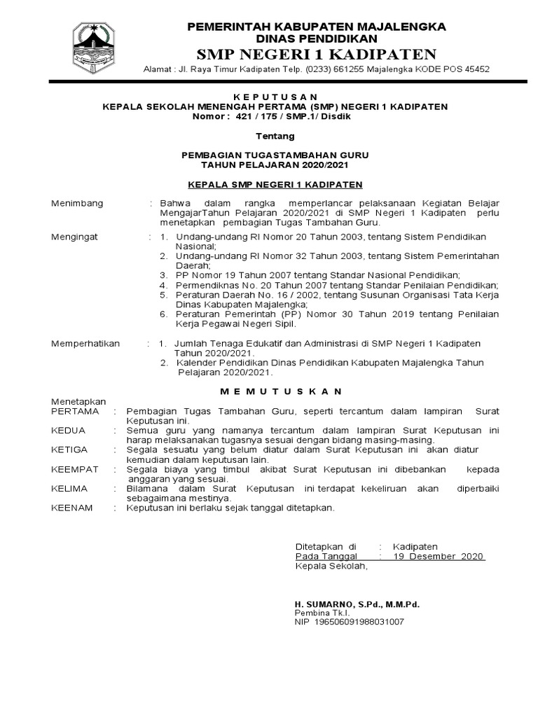 SK Tugas Tambahan Guru 20-21 | PDF