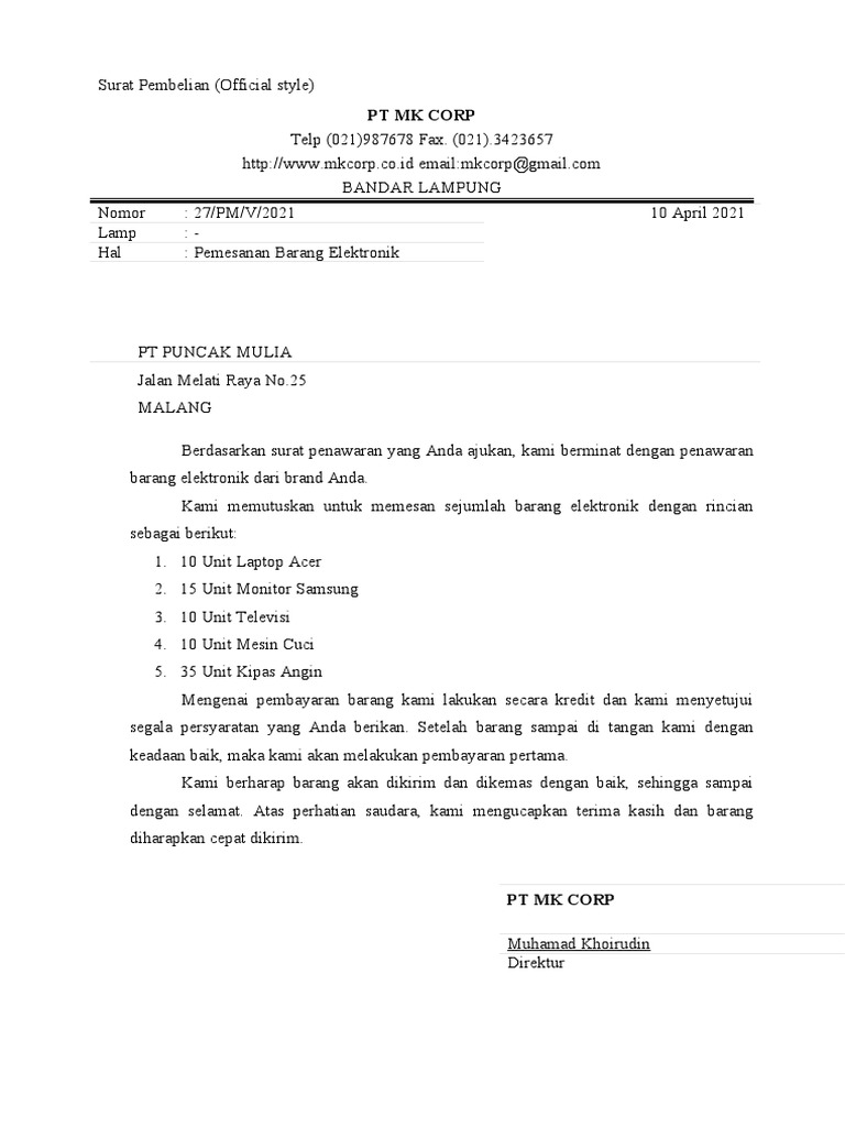 Surat Pembelian (Official Style) 3 | PDF