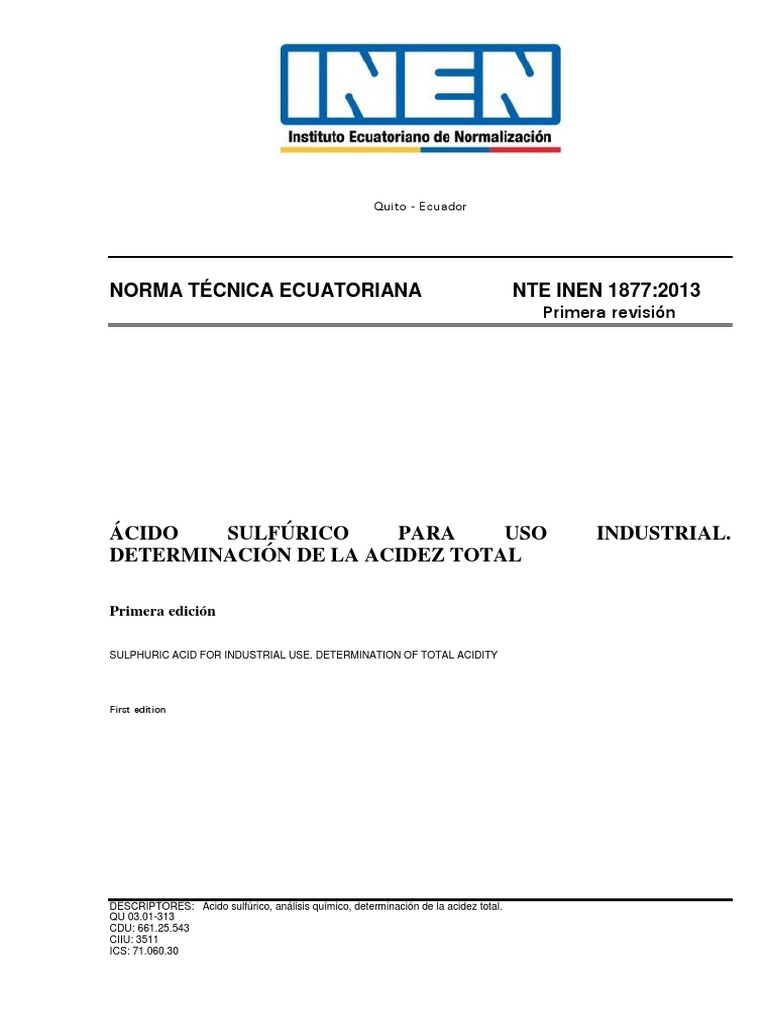 Determinación de Acidez Total de Acido Sulfurico Industrial Segun Astm E223-08 | PDF ...