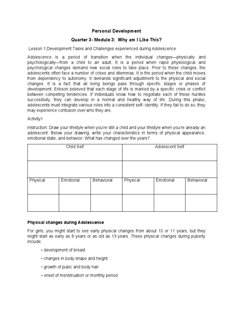Personal Development Week 3 | PDF | Sexually Transmitted Infection | Adolescence