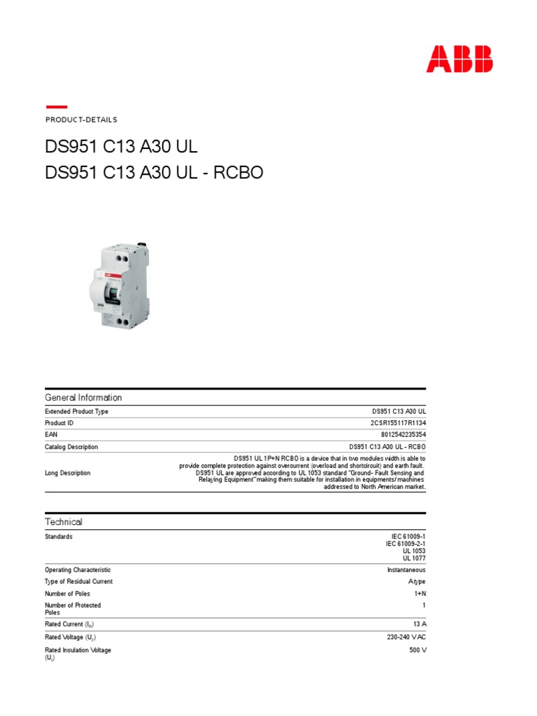 DS951 C13 A30 UL RCBO Overview | PDF | Alternating Current | Electrical ...