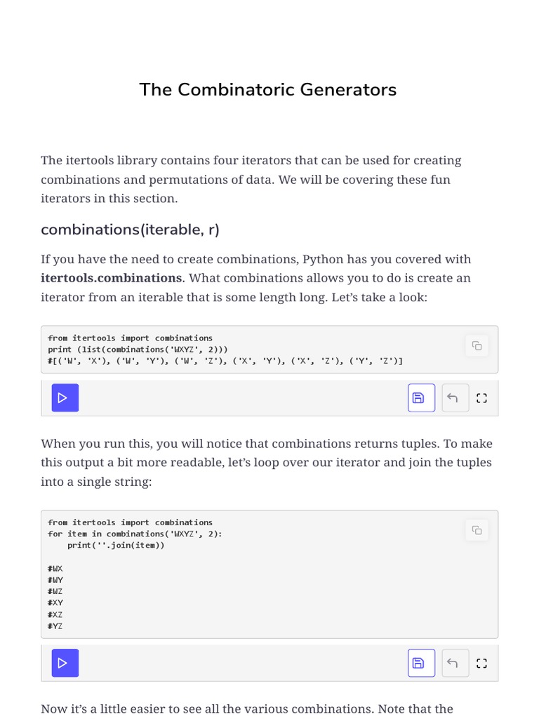The Combinatoric Generators: Combinations (Iterable, R) | PDF | Permutation | Theoretical ...