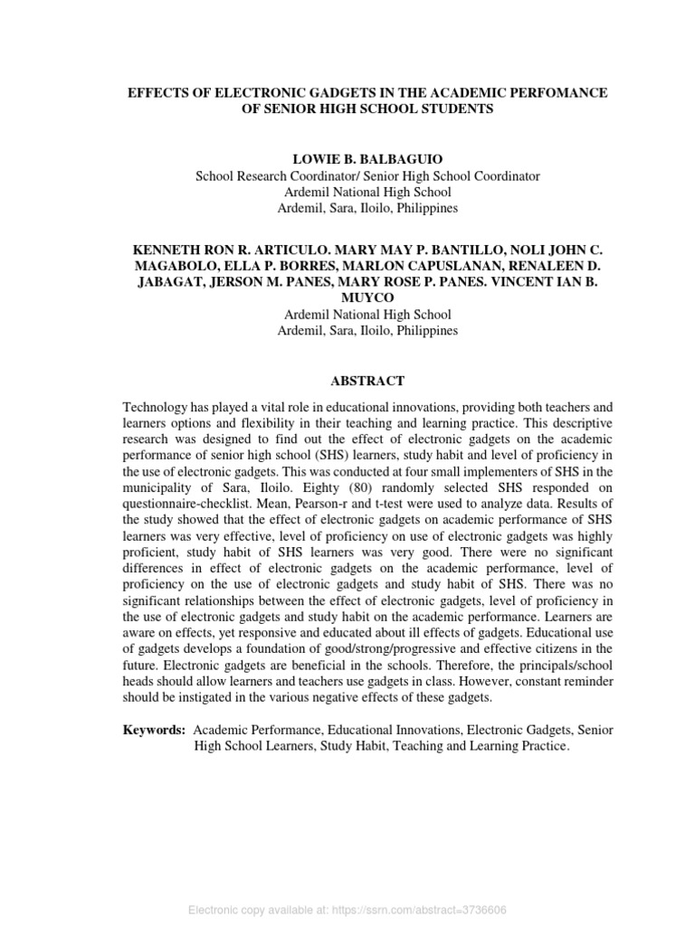 Effects of Electronic Gadgets To SHS Students | PDF | Educational ...