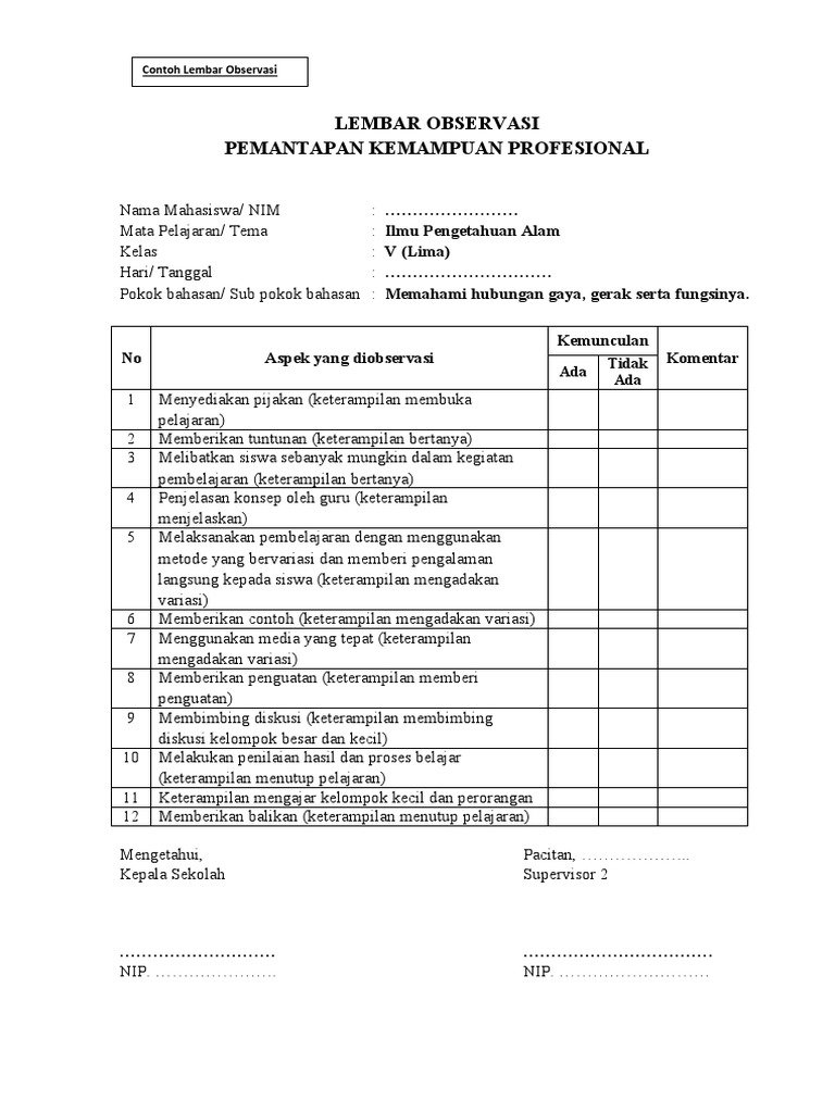 Lembar Observasi PKP untuk Mahasiswa PGSD | PDF