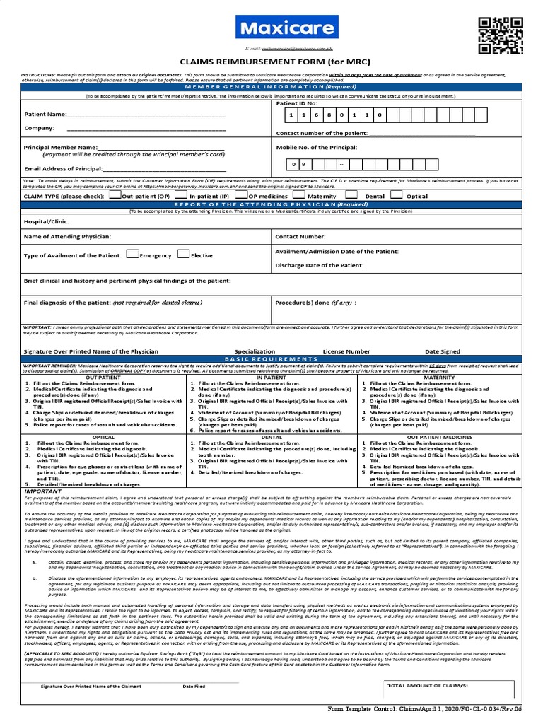 Claims Reimbursement Form (For MRC) : Member General Information | PDF ...