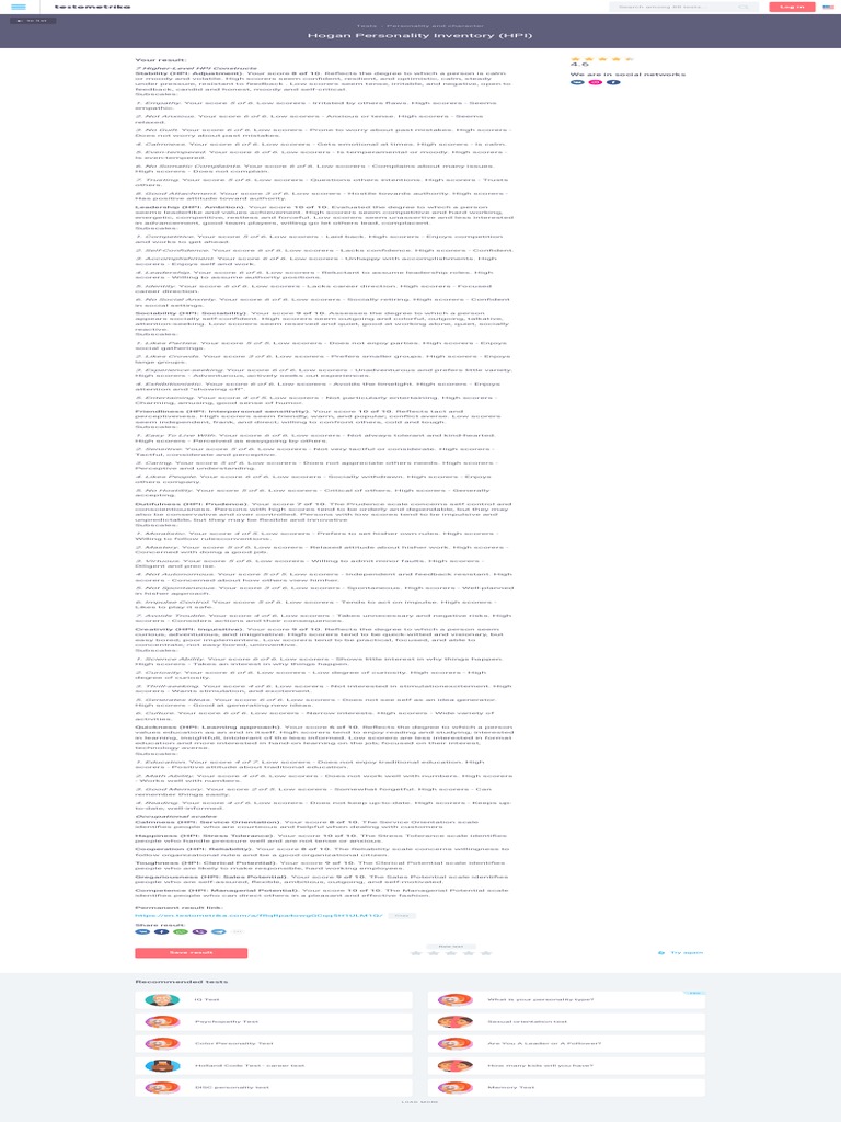 Free Hogan Personality Inventory - HPI Online | PDF | Curiosity | Human ...