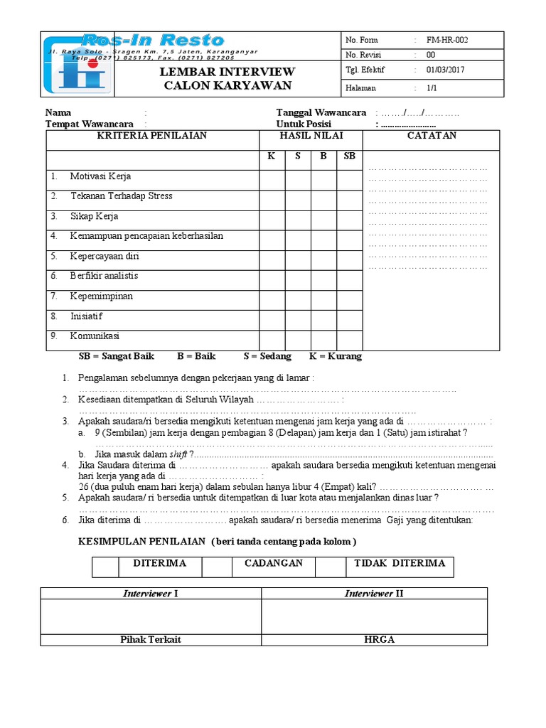 Fm-hr-002 Lembar Interview Calon Karyawan | PDF