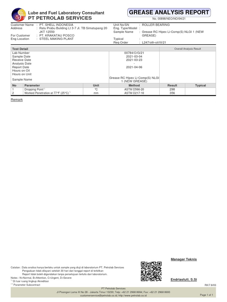 PT Petrolab Services: Grease Analysis Report | PDF | Materials ...
