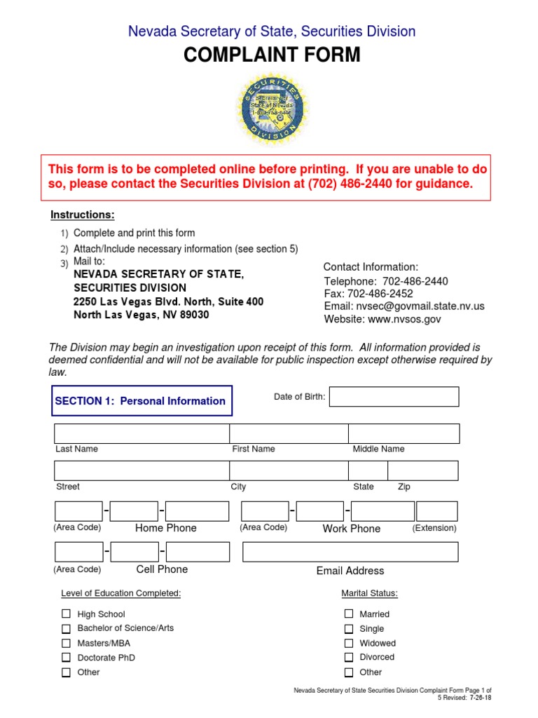 Complaint Form: Nevada Secretary of State, Securities Division | PDF ...