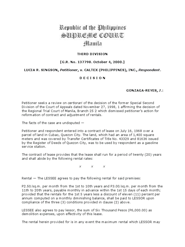 Third Division (G.R. No. 137798. October 4, 2000.) LUCIA R. SINGSON, Petitioner, v. CALTEX ...