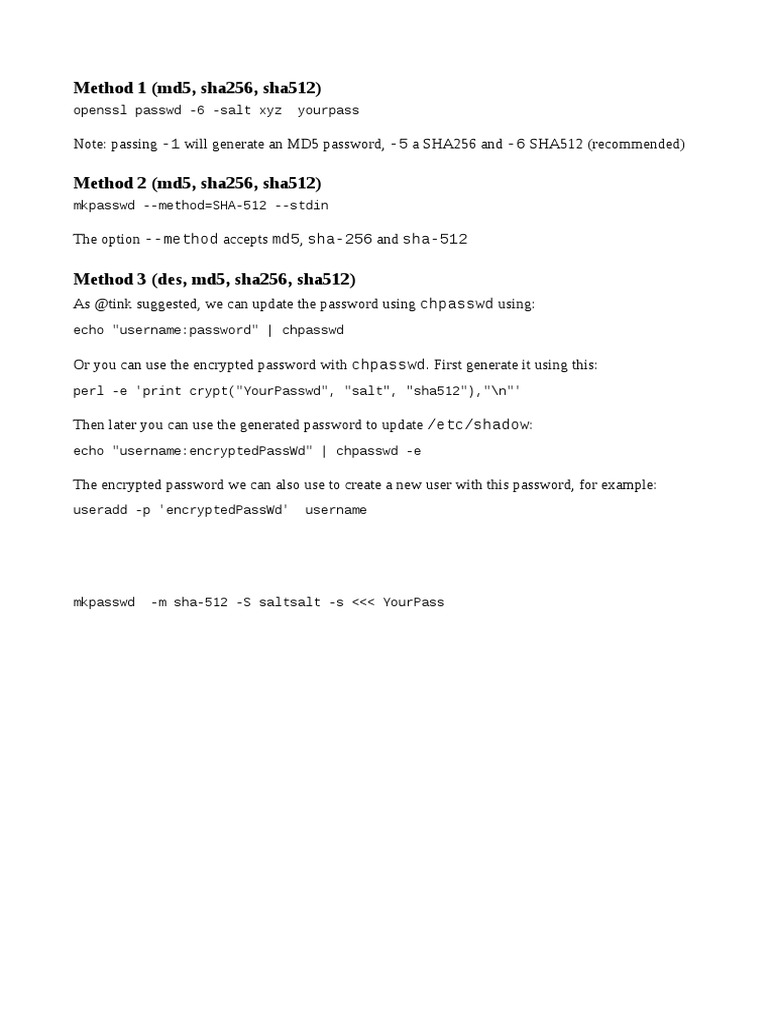 Generate and encrypt passwords using openssl, mkpasswd, and chpasswd ...