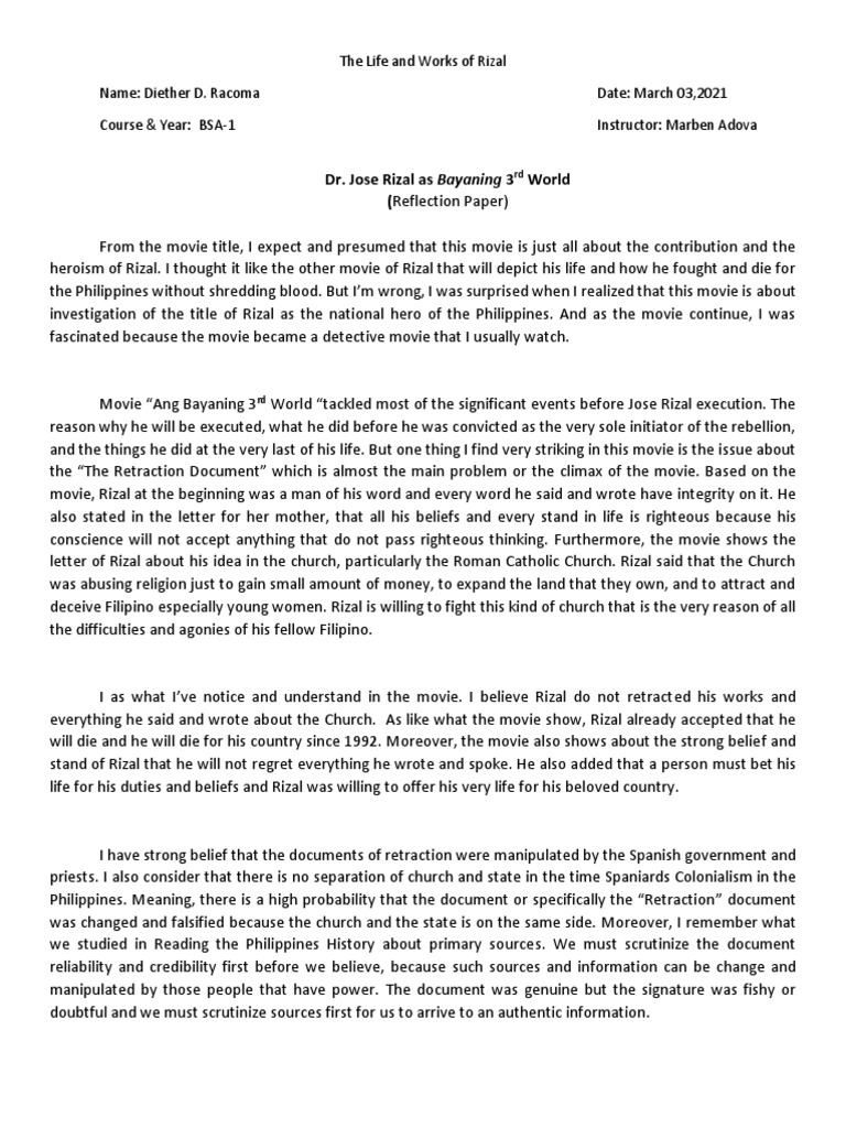 Dr. Jose Rizal As Bayaning 3 World (Reflection Paper) | PDF ...