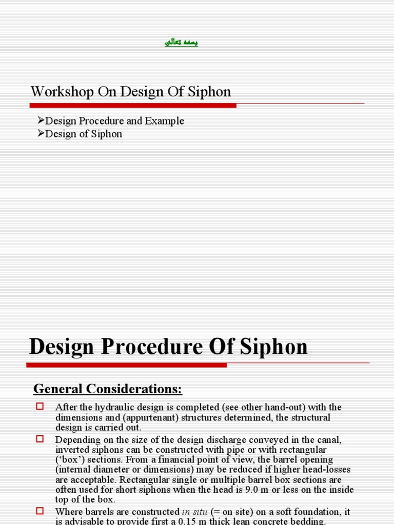 Siphon Design Procedure Workshop | PDF | Concrete | Discharge (Hydrology)