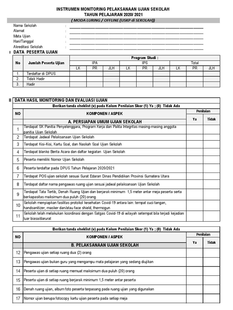Instrumen Monev Ujian Sekolah - 2021 Final Luring Disekolah | PDF