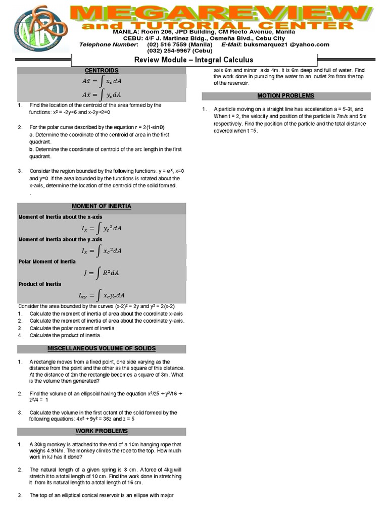 Review Module 08 Integral Calculus Part 2 Pdf Cartesian Coordinate