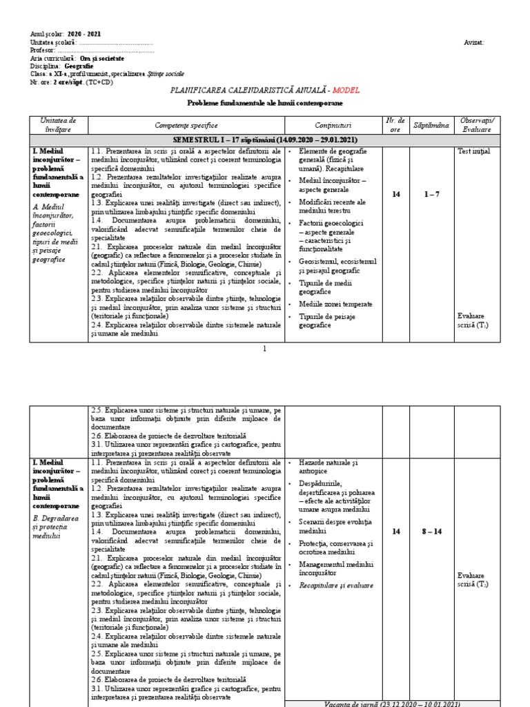 Geografie Xi Teoretic Profil-Umanist Stiinte-Sociale-2-Ore | PDF