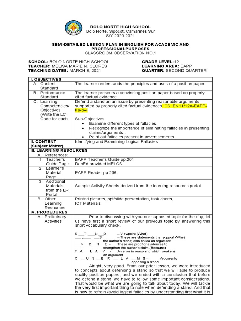 Lesson Plan For Demo | PDF | Fallacy | Argument