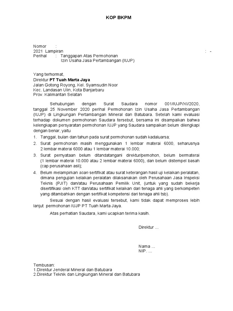 Surat Penolakan IUJP PT Tuah Marta Jaya | PDF