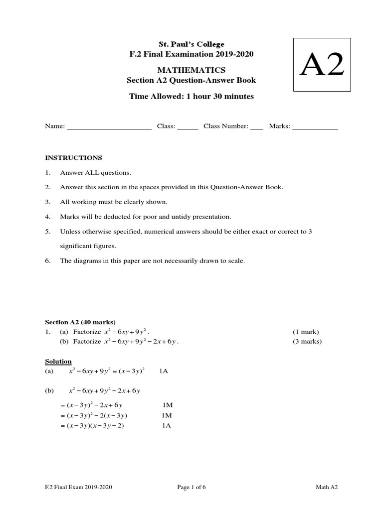 19-20 Math Section A2 Answer Key | PDF | Elementary Mathematics ...