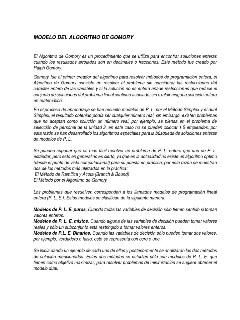 05 El Algoritmo de Gomory | PDF | Programación lineal | Análisis matemático