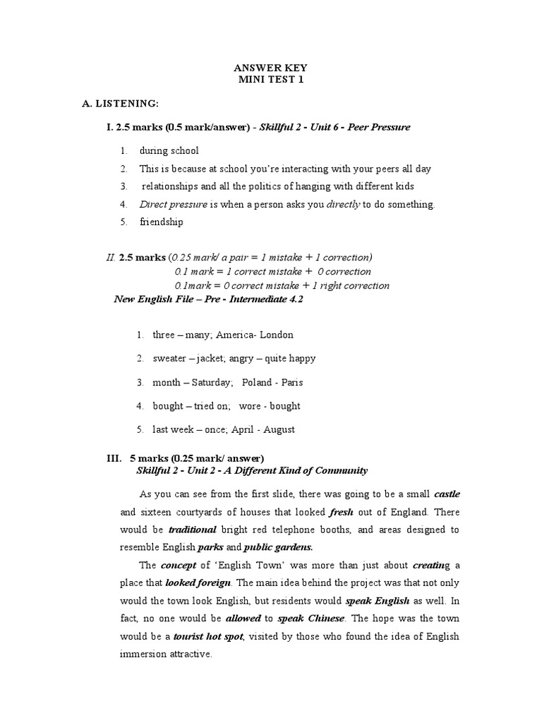 Answer Key Mini Test 1 A. Listening: I. 2.5 Marks (0.5 Mark/answer ...