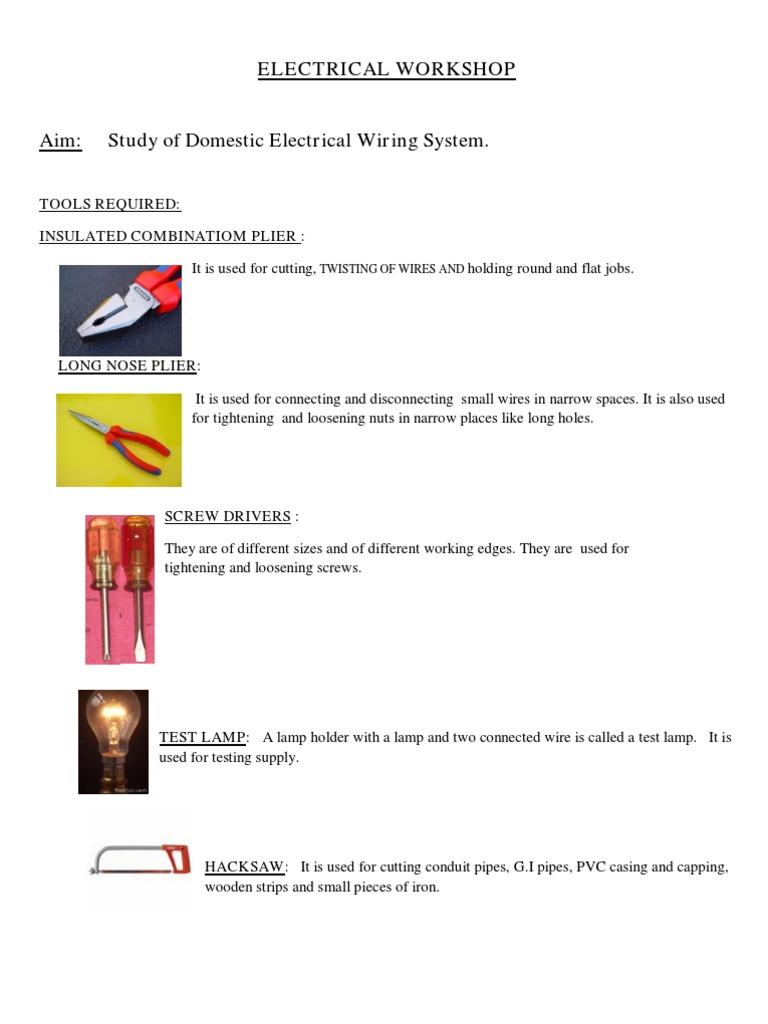 Electrical Workshop: Tools Required: Insulated Combinatiom Plier | PDF ...