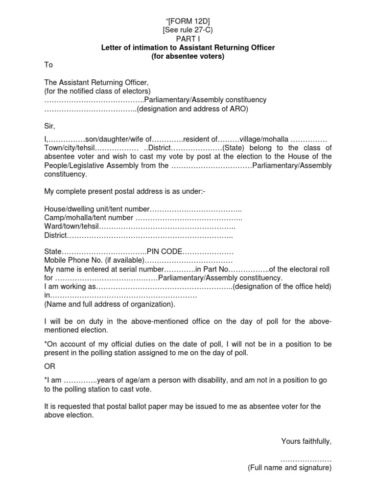 Letter of Intimation To Assistant Returning Officer (For Absentee ...