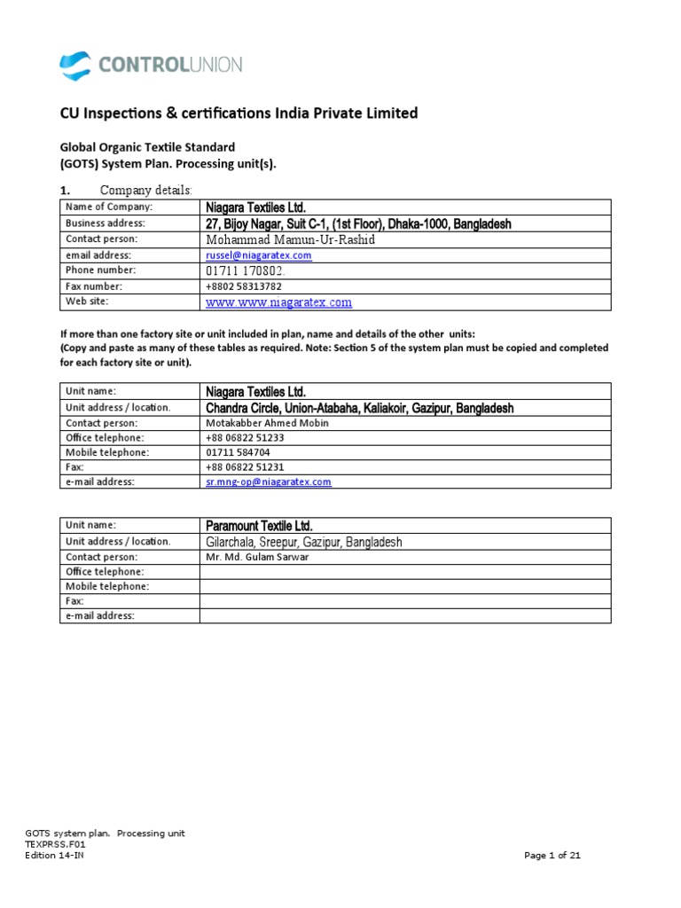 GOTS - System Plan - TEXPRSS.F01 (14) IN | PDF | Occupational Safety ...