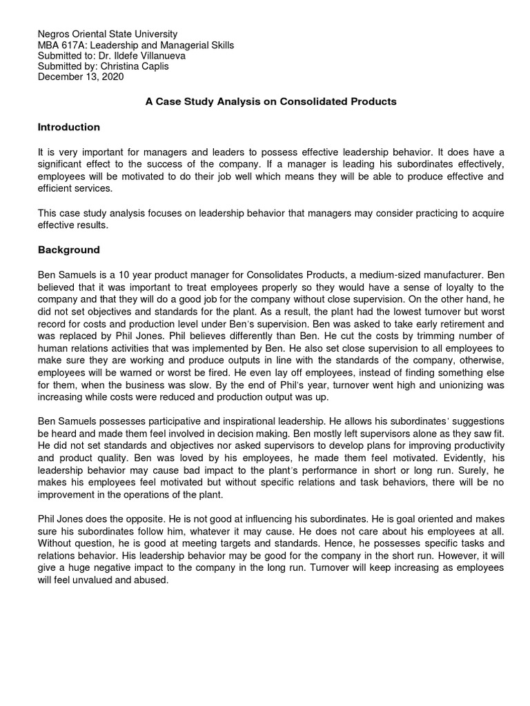 A Case Study Analysis On Consolidated Products | PDF | Leadership ...