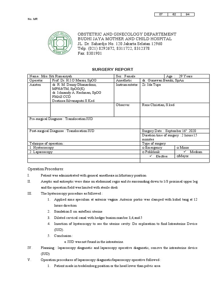 IUD Translocation Surgery Report | PDF | Gynaecology | Medicine