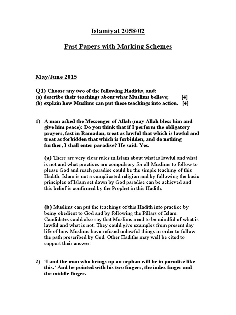 Islamiyat 2058/02 Past Papers With Marking Schemes: May/June 2015 Q1 ...