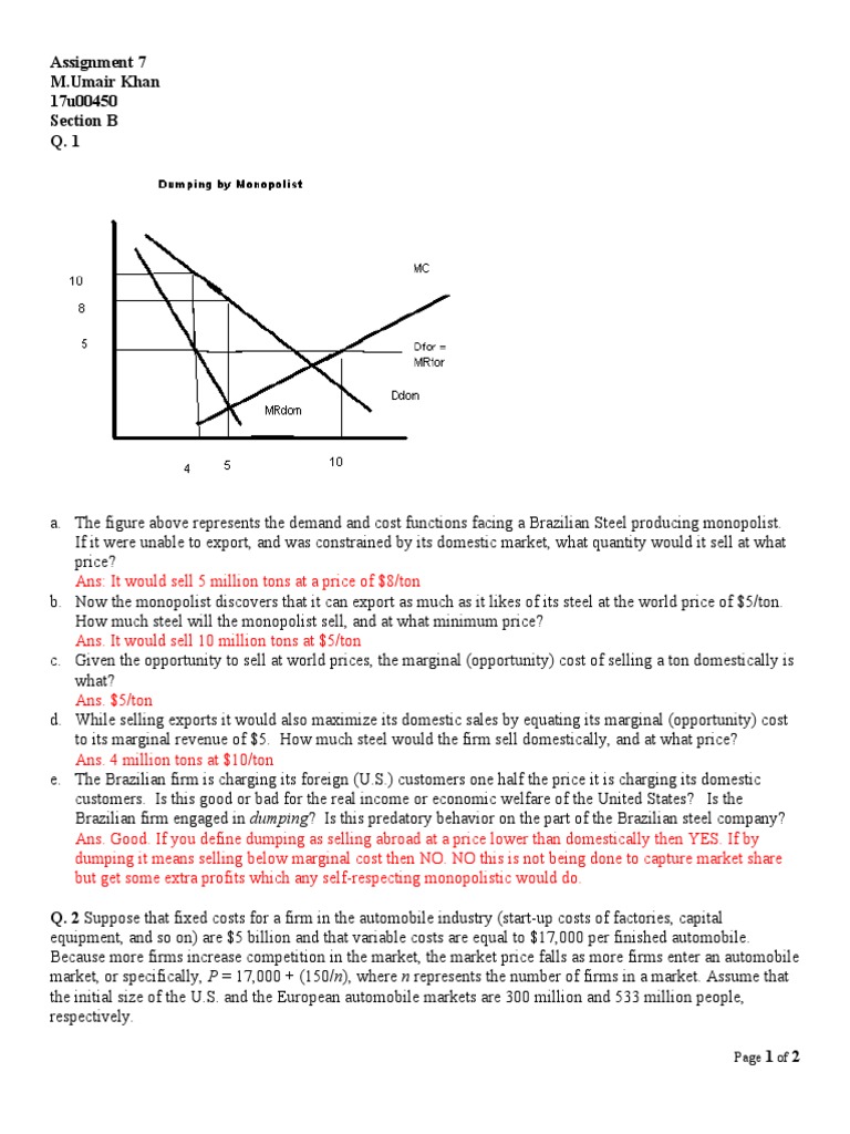 Assignment 7 M.Umair Khan 17u00450 Section B Q. 1 | PDF | Monopoly | Dumping (Pricing Policy)