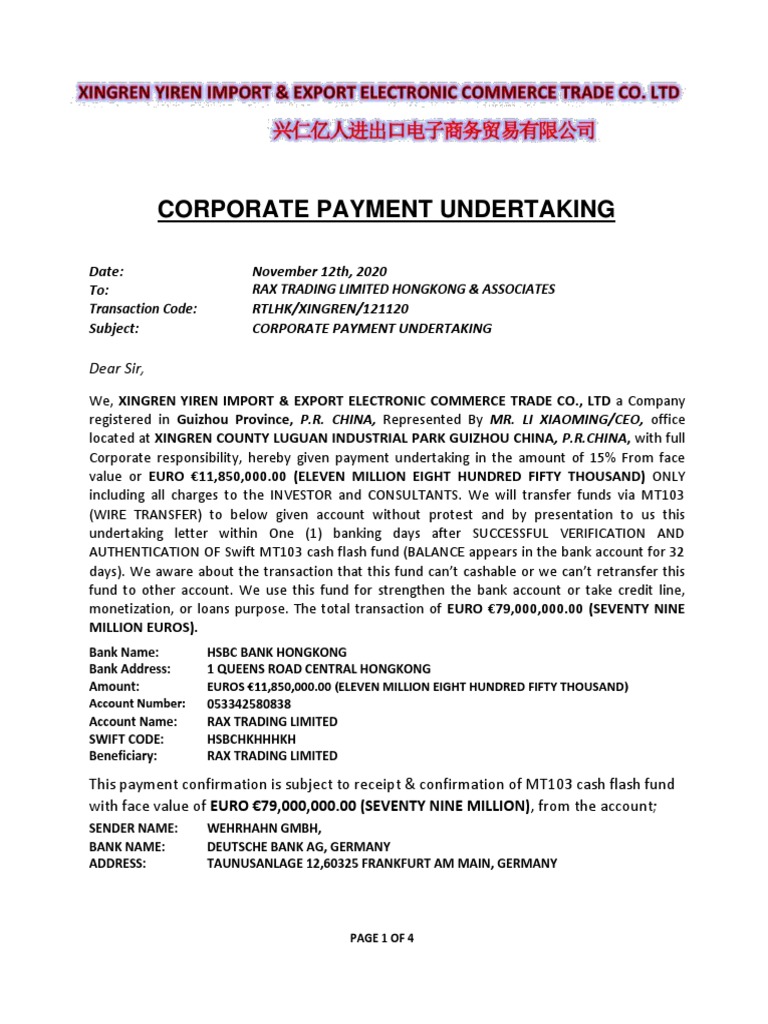 Corporate Payment Undertaking Document | PDF | Payments | Banks