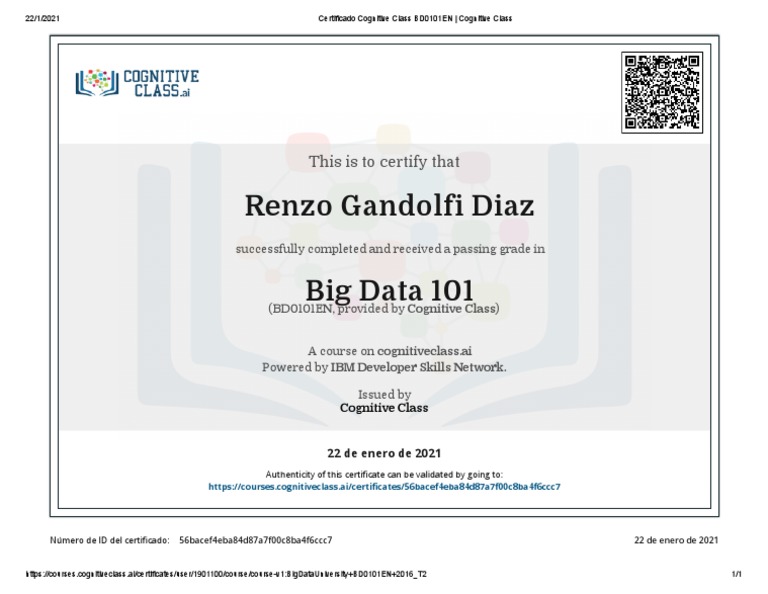 Certificado Cognitive Class Big Data IBM | PDF