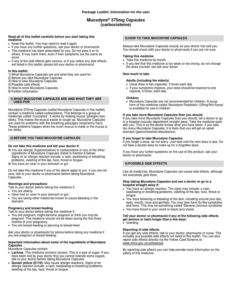 Mucodyne 375mg Capsules (Carbocisteine) : Package Leaflet: Information ...