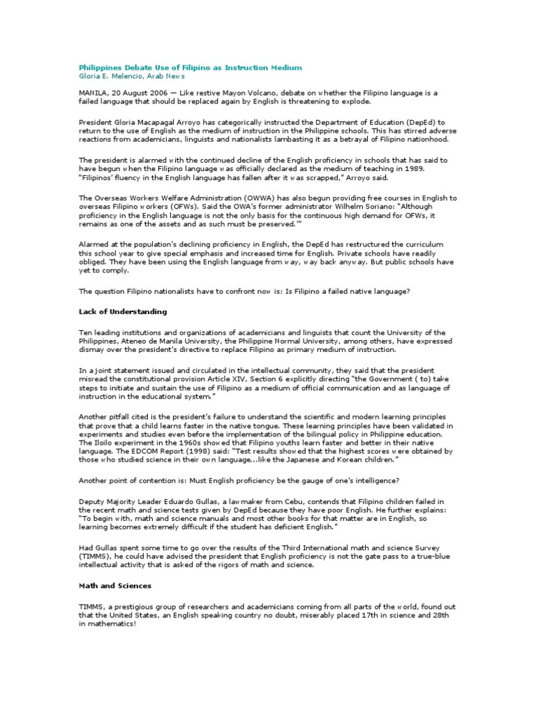 Philippines Debate Use of Filipino as Instruction Medium | Philippines ...