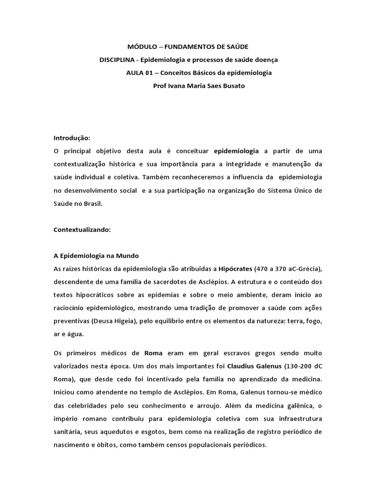 Epidemiologia - Material Complementar - Aula 01 | PDF | Epidemiologia | Ciências da Saúde