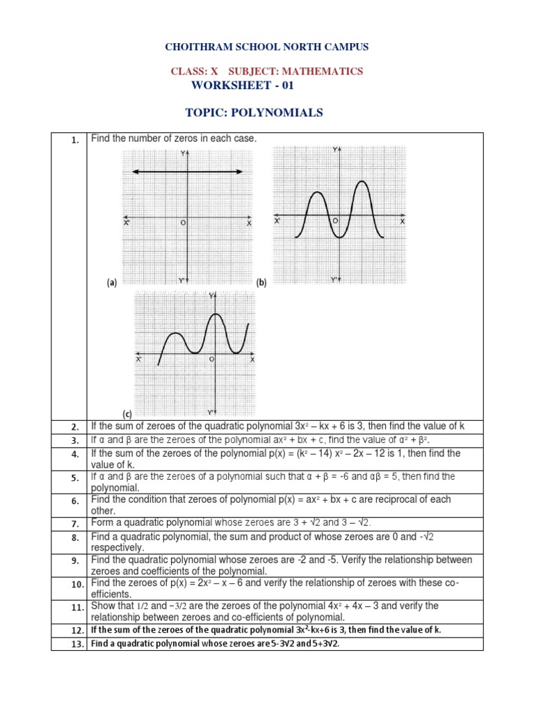 Worksheet - 01 Topic: Polynomials: Class: X Subject: Mathematics | PDF ...