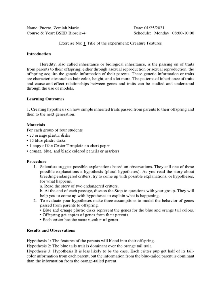 Creature Features: Modeling Inheritance Patterns Through a Breeding ...